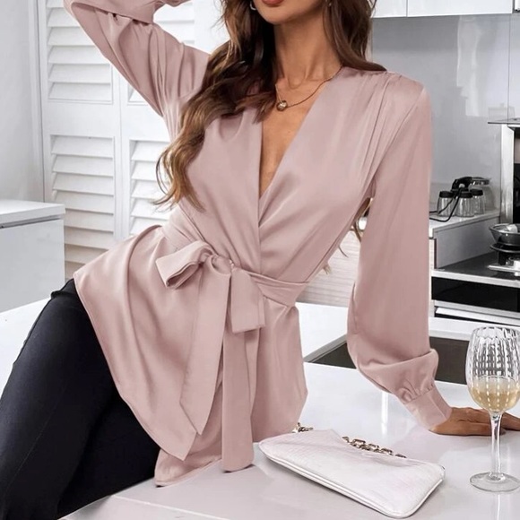 Tops | Luxe Dusty Blue Sexy Plunging V Neckline Belted Blouse | Poshmark